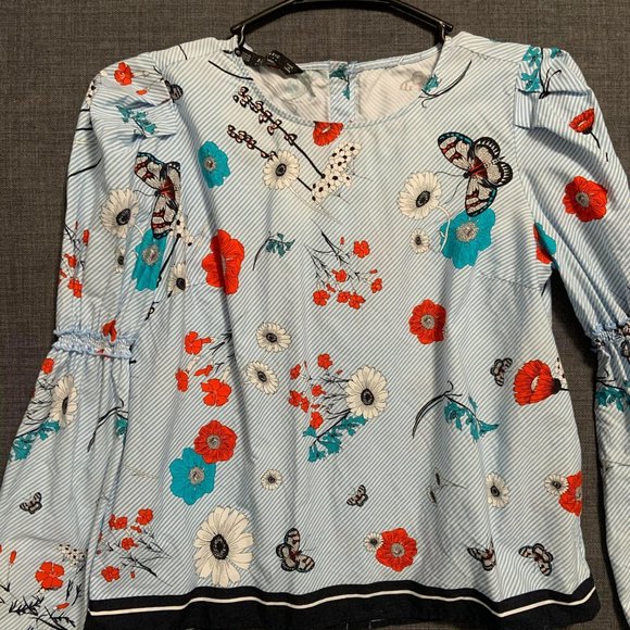 Zara | Tops | Zara Butterfly And Flowers With Blue Stripes Top | Poshmark